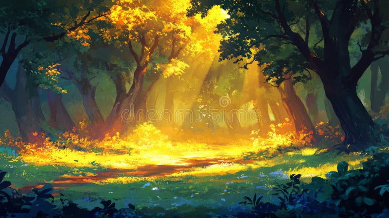 Golden Sunlight in a Magical Forest Stock Illustration - Illustration ...