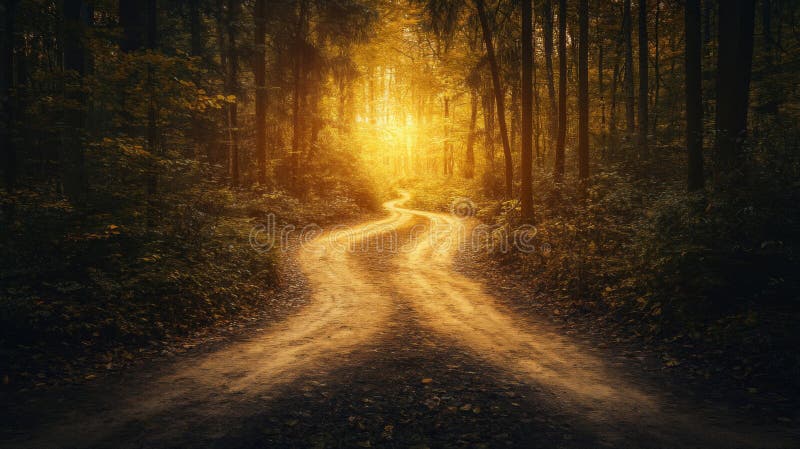 Golden Sunlight Path through a Forest Stock Illustration - Illustration ...