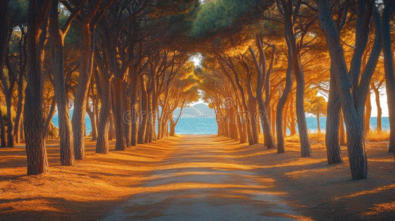 Golden Sunlight Path through Pine Trees To Coastal View Stock Photo ...