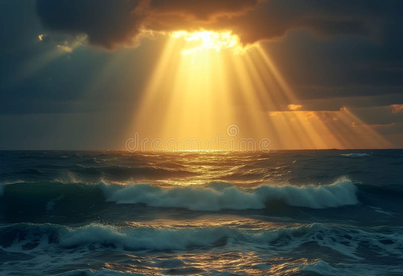 Golden Sunlight Piercing through Stormy Ocean Clouds Stock Illustration ...