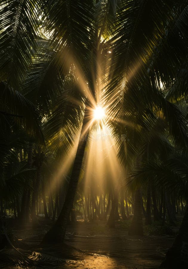 Golden Sunlight Rays through Tropical Palm Forest Stock Illustration - Illustration of sunbeams ...