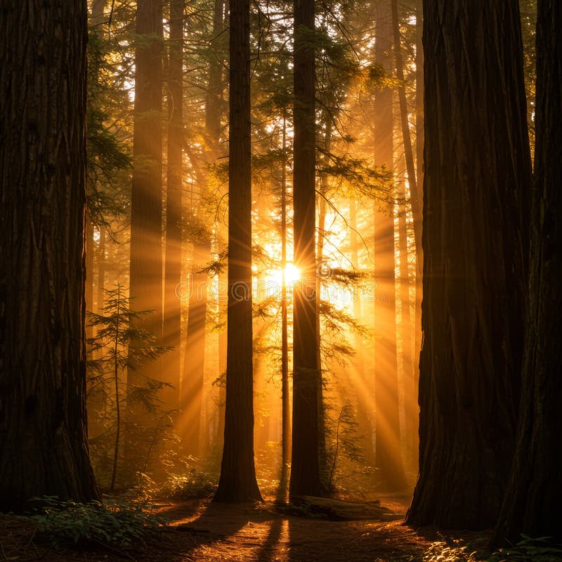 Golden Sunlight through Redwood Forest at Sunrise Stock Illustration ...