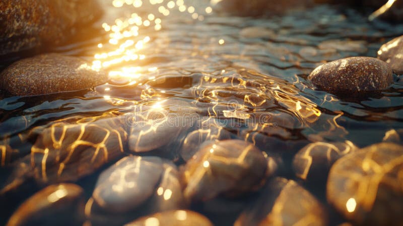 Golden Sunlight Reflecting on Smooth River Rocks Stock Illustration ...