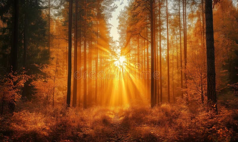 Golden Sunlight Streaming through Autumn Forest Creating Magical ...