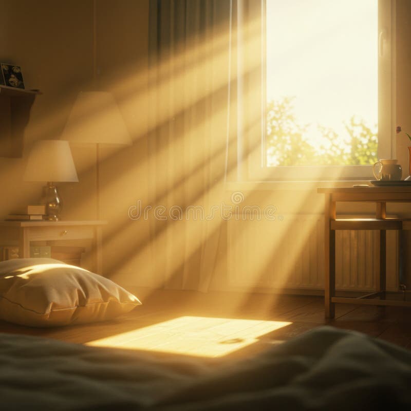 Golden Sunlight Streaming through Bedroom Window Stock Illustration ...