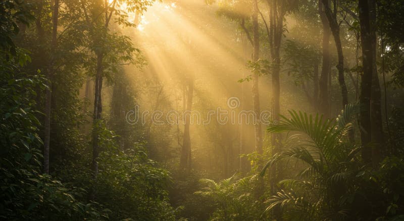 Golden Sunlight Streaming through Lush Green Forest Stock Illustration ...