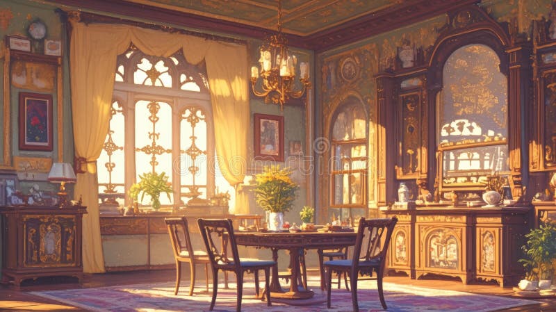 Golden Sunlight Streaming through Ornate Windows in a Grand Dining Room ...