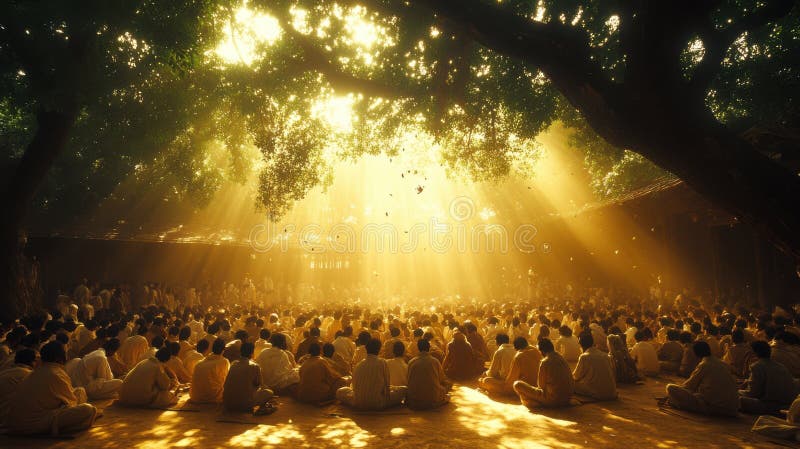 Golden Sunlight Streaming through Trees Illuminates a Large Group ...