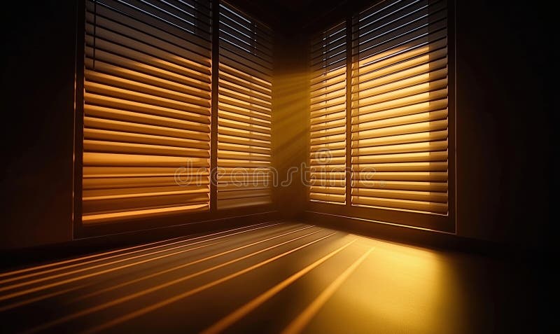 Golden Sunlight Streaming through Window Blinds Creating Warm Shadows ...
