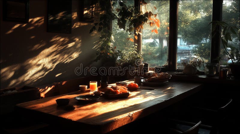 Golden Sunlight Streaming through Window Illuminates Rustic Table Stock ...