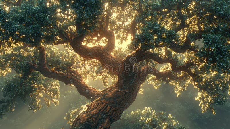 Majestic Oak Tree Illuminated by Golden Sunlight Filtering through Lush ...