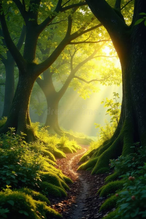 Golden Sunlight Streams through Canopy, Illuminating Mossy Path ...