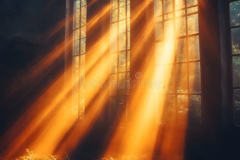 Sunlit Window with Dramatic Golden Rays in Mystical Forest Atmosphere ...