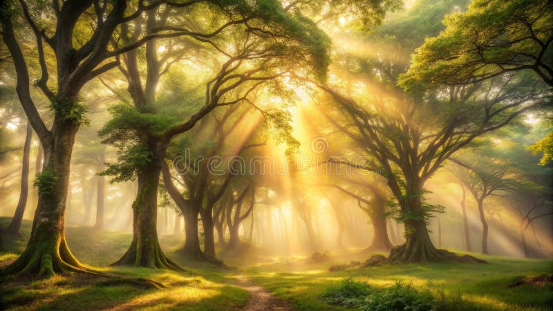Golden Sunlight Streams through a Mystical Forest, Illuminating a Path ...