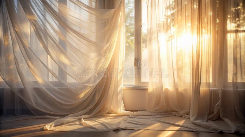 Golden Sunlight Streams through Sheer Curtains, Illuminating a Room ...