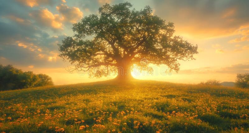 Golden Sunrise through Ancient Oak Tree Stock Illustration ...