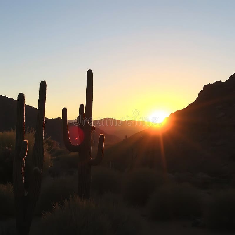 Golden Sunrise in Arizona Cactus Desert Stock Illustration ...