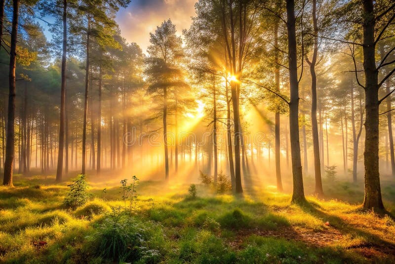 Golden Sunrise Forest Rays Nature Stock Illustration - Illustration of ...