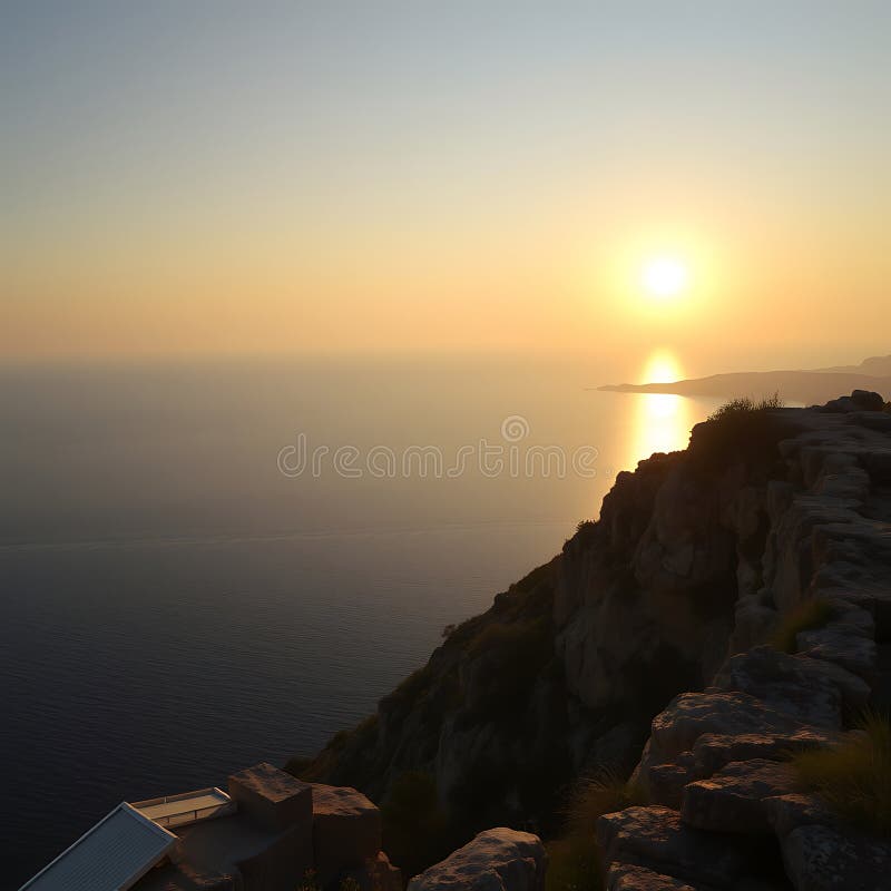 Golden Sunrise on Greek Cliffside Stock Illustration - Illustration of ...