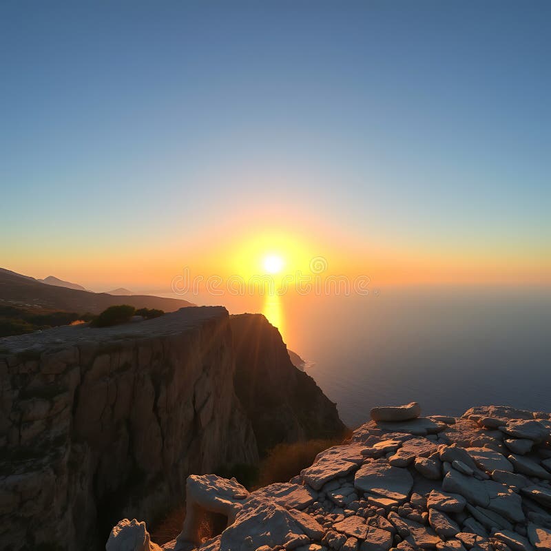 Golden Sunrise on Greek Cliffside Stock Illustration - Illustration of ...