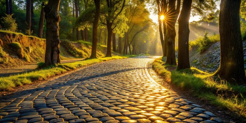 Golden Sunrise Illuminates a Curving Cobblestone Path Lined with Trees ...