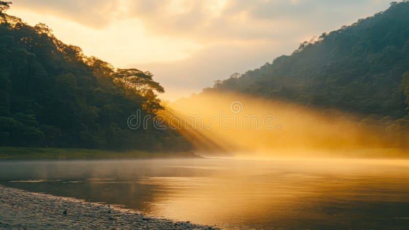 Golden Sunrise Illuminates River Valley Landscape Stock Illustration ...