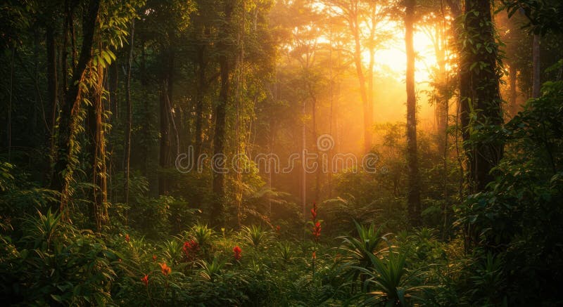 Golden Sunrise in Lush Tropical Forest Stock Illustration ...