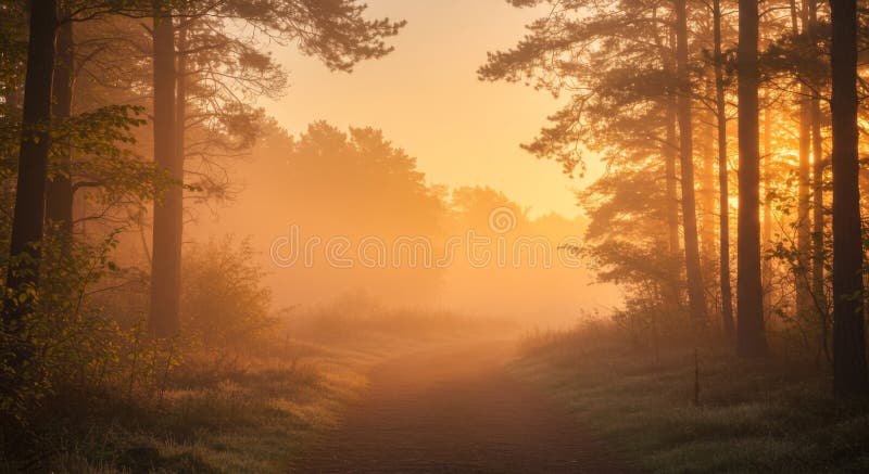 Golden Sunrise in a Misty Forest Path Stock Illustration - Illustration of landscape, mystical ...