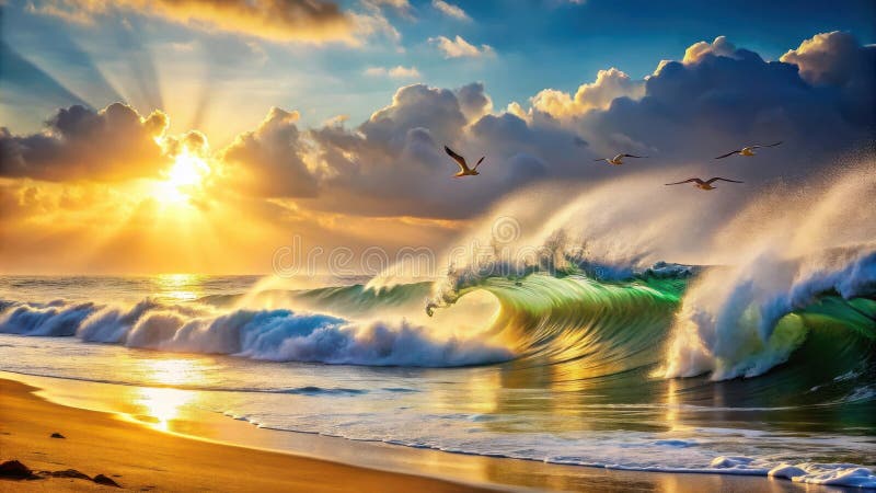 Golden Sunrise Ocean Wave with Birds in Flight. Generative AI Stock ...