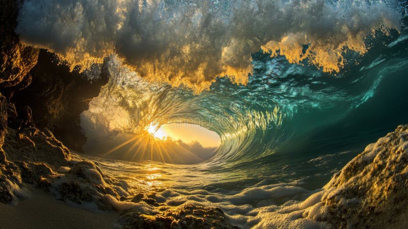 Golden Sunrise through an Ocean Wave Cave Stock Illustration ...