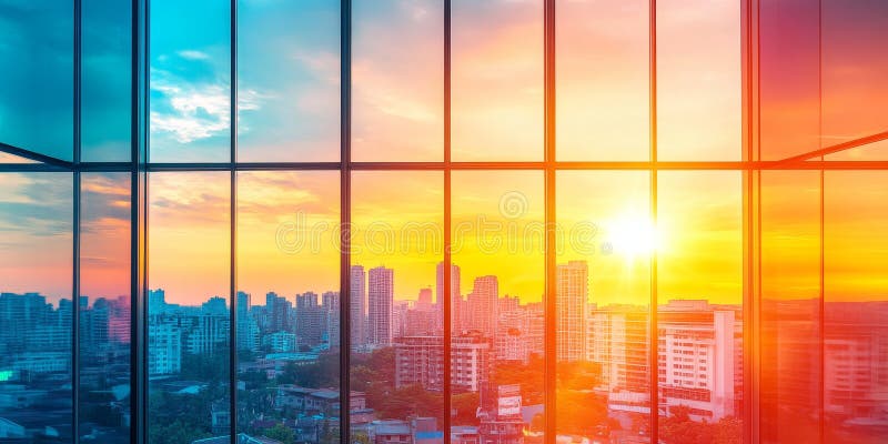Golden Sunrise Over City Skyline View through Panoramic Windows ...