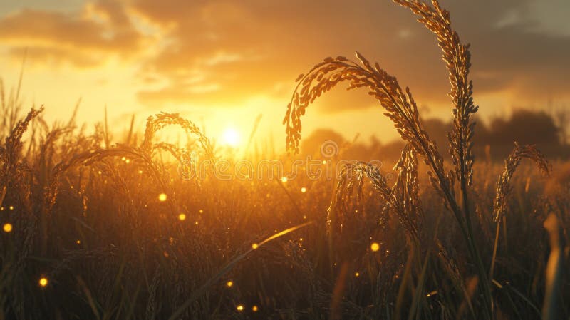 Golden Sunrise Over Dewy Rice Paddy Field Stock Illustration ...