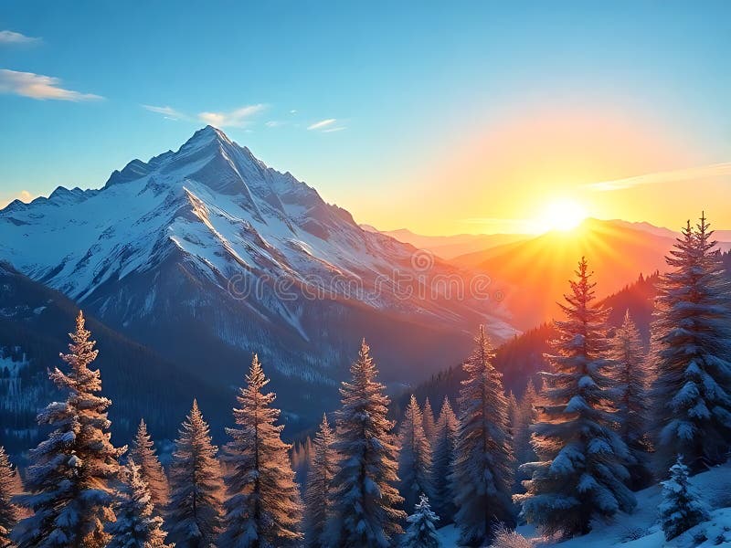Golden Sunrise Over Snowy Peaks Stock Photo - Image of path, deer ...