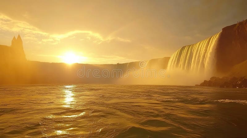 Golden Sunrise Over Waterfall River Cliffs Stock Photos - Free ...