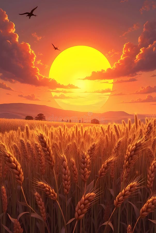 Golden Sunrise Over a Wheat Field with Birds in Flight AI-GENERATED ...