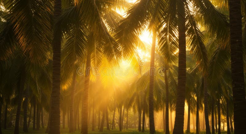 Golden Sunrise through Palm Trees Stock Illustration - Illustration of ...