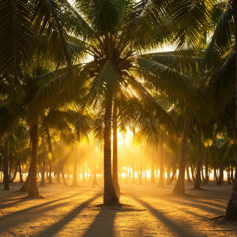 Golden Sunrise through Palm Trees on Tropical Beach Stock Illustration ...