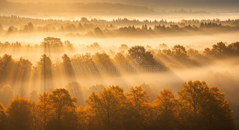 Golden Sunrise Rays through Autumn Mist Over Forest Stock Illustration ...