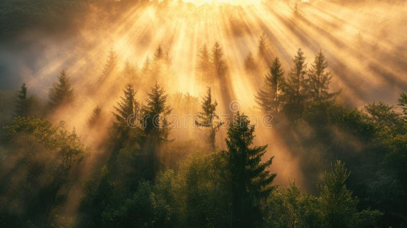 Golden Sunrise Rays Filter through the Mist in a Dense Forest ...