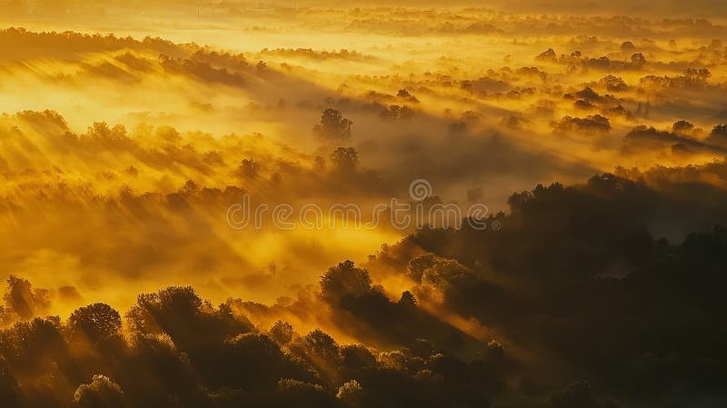 Golden Sunrise Rays Illuminating a Misty Forest, Viewed from Above ...
