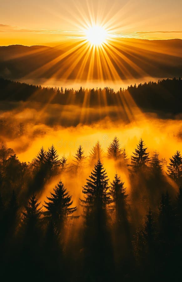 Golden Sunrise Rays through Misty Forest High Quality Image Stock ...