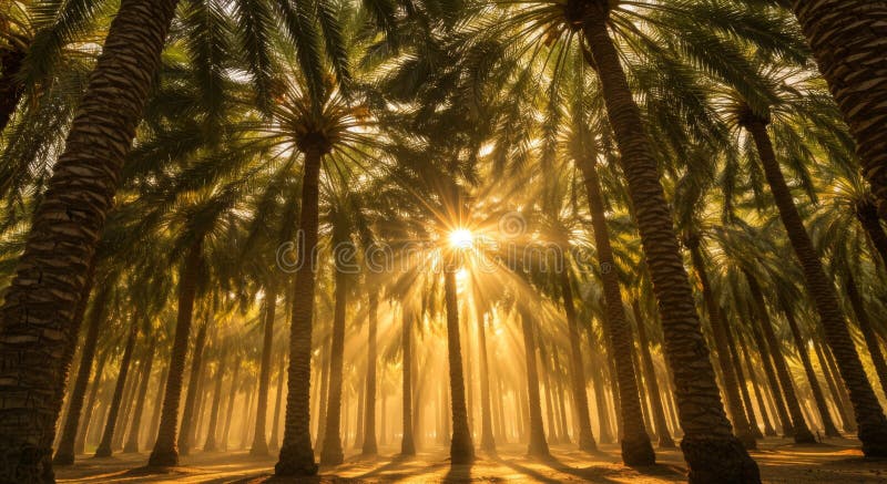 Golden Sunrise Rays through a Palm Tree Grove Stock Illustration ...