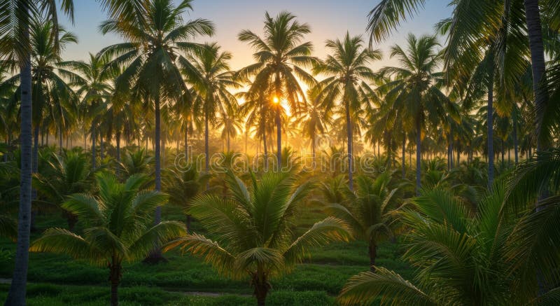 Golden Sunrise through Tropical Palm Trees Stock Illustration ...