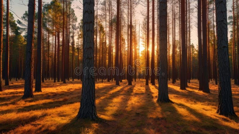A Golden Sunset Bathes the Forest in Warm Light Casting Long Shadows on ...