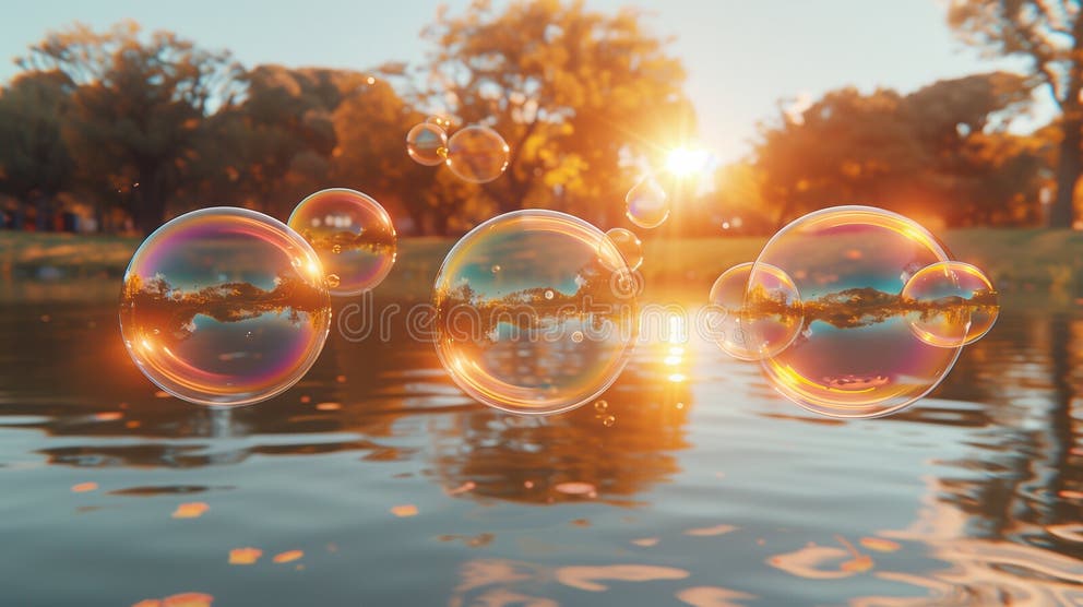 Golden Sunset Bubbles Reflecting Trees Over Water Stock Illustration ...
