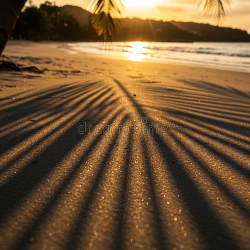 Golden Sunset Casts Long Shadows on Tropical Beach Sand Stock ...