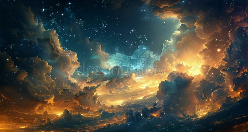 Golden Sunset through Clouds in a Starry Night Sky Stock Photo - Image of night, glow: 345698848