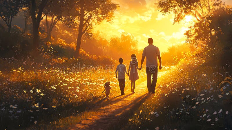 Golden Sunset Family Walk Illustration Stock Photo - Image of vibrant ...