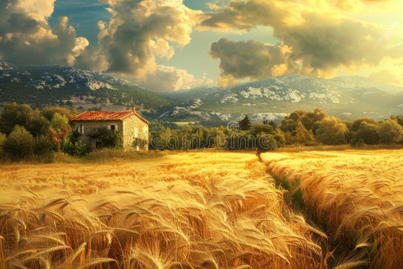 Golden Sunset Field with a Stone Cottage Stock Illustration ...