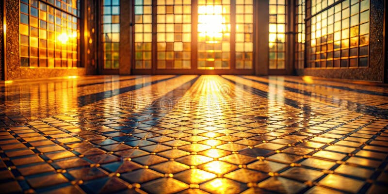 Golden Sunset Illuminates Gleaming Mosaic Floor through Large Windows ...